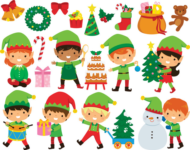 Christmas Elves Clipart Set. Cute Santas Elves In Different Poses And A ...