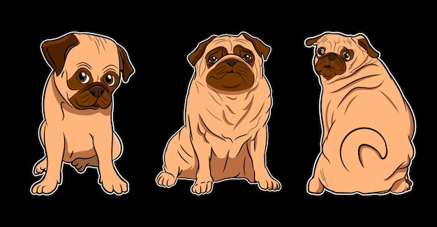 Adorable Pug Trio: Playful Pups in Charming Cartoon Style | Jiffy Designs