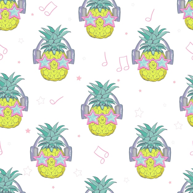 Vibrant Pineapple Headphones Pattern with Musical Notes | Jiffy Designs