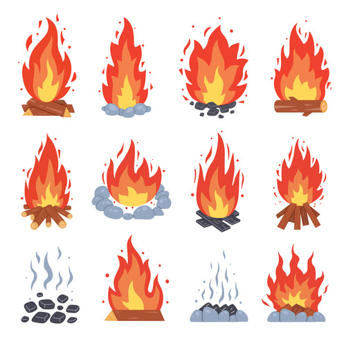 Campfire Different Types. Vector Burning Bonfire Frames. Camping Fire ...
