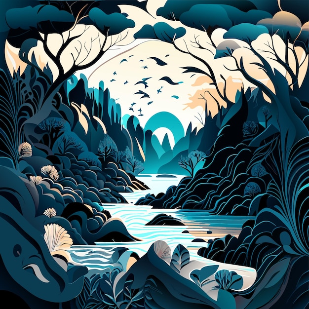 Enchanted Moonlit Forest Landscape with Flowing River | Jiffy Designs
