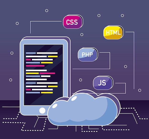 Vibrant Cloud Computing Illustration with Programming Languages Icons ...