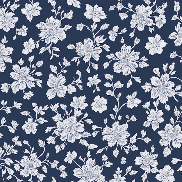 Elegant Navy Floral Pattern with White Blooms | Jiffy Designs