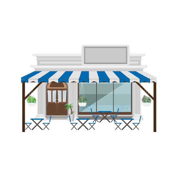 Charming Outdoor Cafe with Striped Awning and Cozy Seating | Jiffy Designs