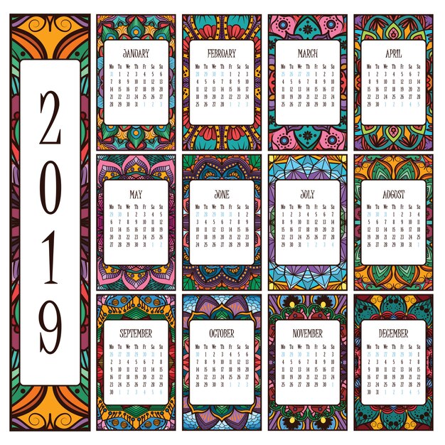 Vibrant 2019 Calendar with Ornate Ethnic Motif Borders | Jiffy Designs