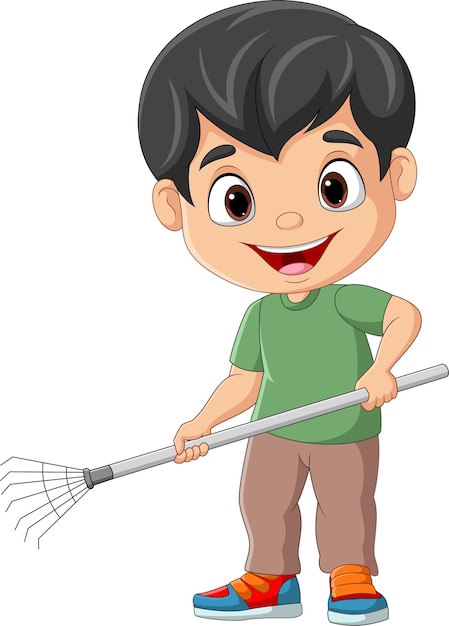 Smiling Boy Holding a Rake Cartoon Illustration | Jiffy Designs