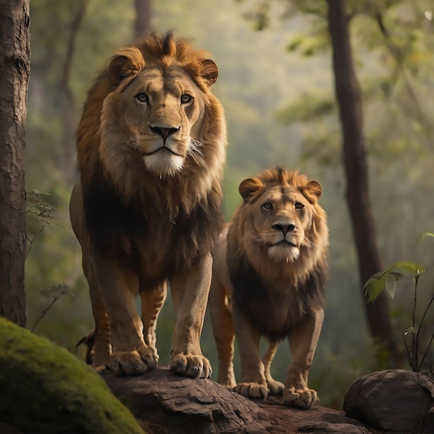 Majestic Lions Prowling Through Lush Forest Wilderness | Jiffy Designs
