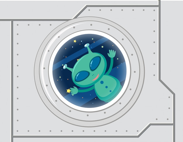 Cosmic Green Alien Creature in Porthole Window Illustration | Jiffy Designs