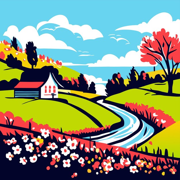 Vibrant Countryside Landscape with Cozy Cottage and Winding Path ...