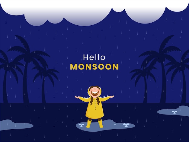 Cheerful Girl Welcoming Monsoon Season with Palm Trees Backdrop | Jiffy ...
