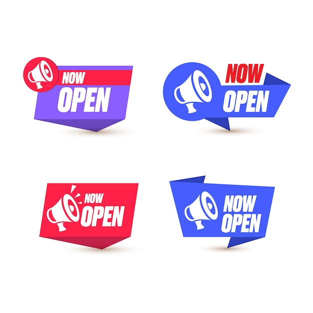 Vibrant 'Now Open' Announcement Banners with Megaphone Icons | Jiffy ...