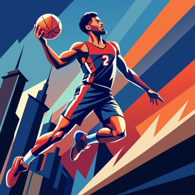 Soaring Basketball Player in Dynamic Urban Cityscape | Jiffy Designs