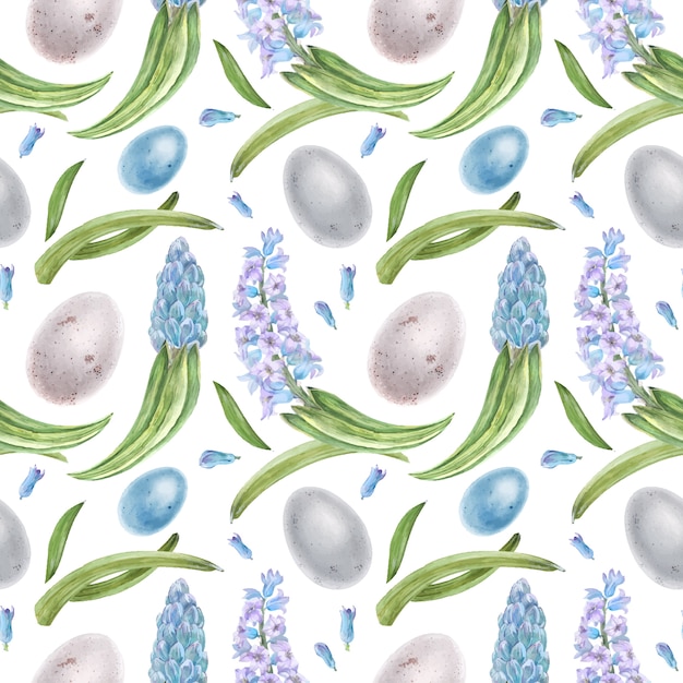 Watercolor Floral Pattern with Hyacinths, Peas and Feathers | Jiffy Designs