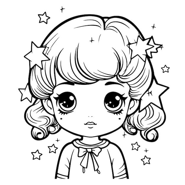 Whimsical Starry-Eyed Girl with Curly Locks and Bow | Jiffy Designs