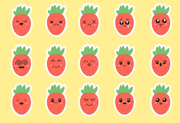 Adorable Strawberry Emoticons Collection with Diverse Expressions ...