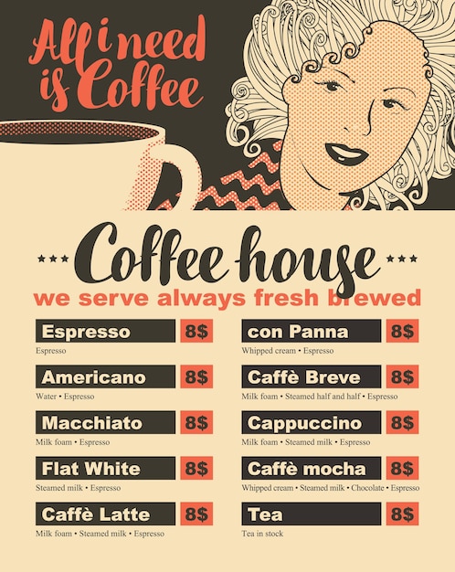 Vibrant Coffee House Menu with Retro-Inspired Illustration | Jiffy Designs