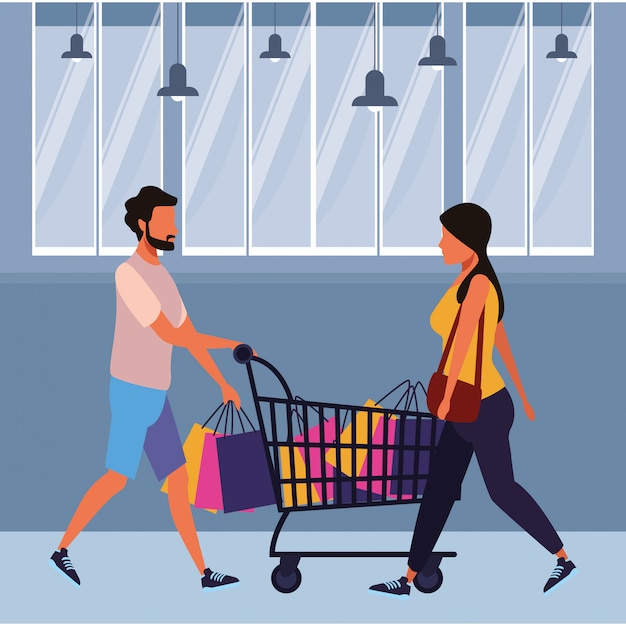 Stylized Shopping Scene with Customers and Shopping Cart | Jiffy Designs