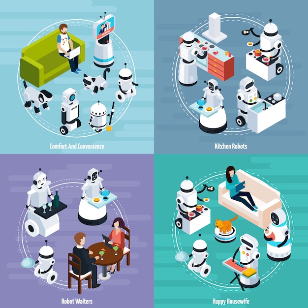 Futuristic Domestic Robots Engaging in Various Household Activities ...