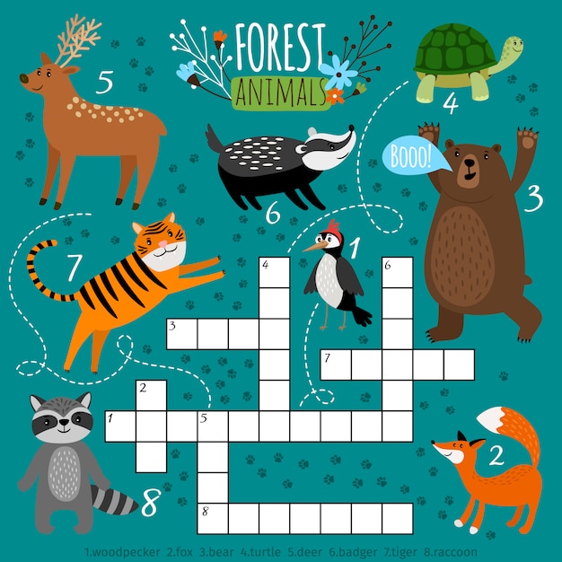 Charming Forest Animals Crossword Puzzle Illustration | Jiffy Designs