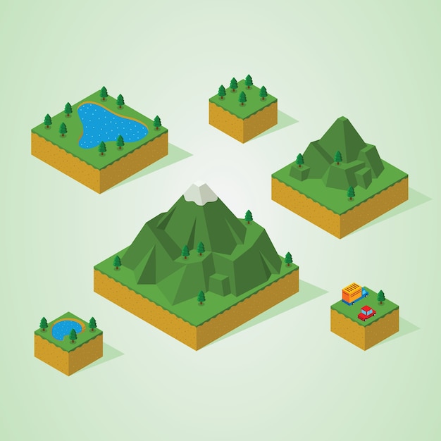 Isometric Mountain Landscapes with Lakes, Trees, and Camping Imagery ...