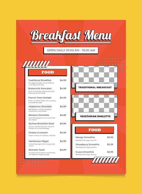 Vibrant Breakfast Diner Menu with Classic Dishes and Prices | Jiffy Designs
