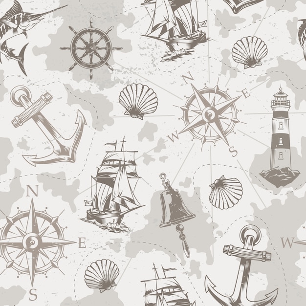 Captivating Nautical Elements in Vintage Monochrome Illustration ...