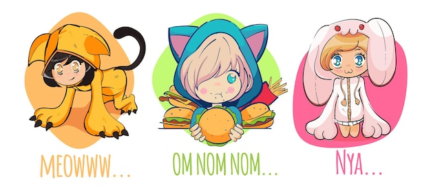 Whimsical Critter Trio: Feline, Bunny, and Burger-Loving Chibi ...