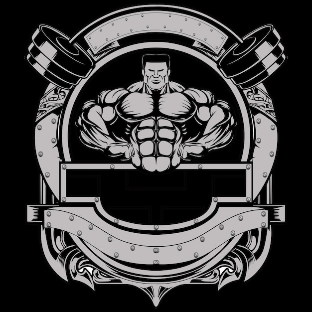 Powerful Bodybuilder Emblem with Crossed Barbells | Jiffy Designs