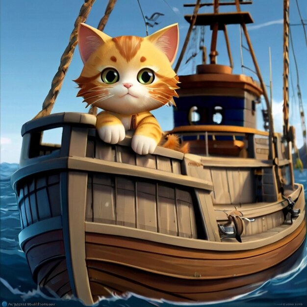 Curious Feline Companion Aboard Majestic Pirate Ship | Jiffy Designs