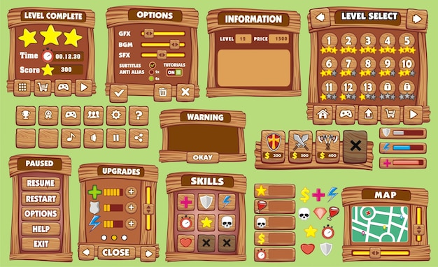 Comprehensive Wooden Game User Interface Elements Collection | Jiffy ...