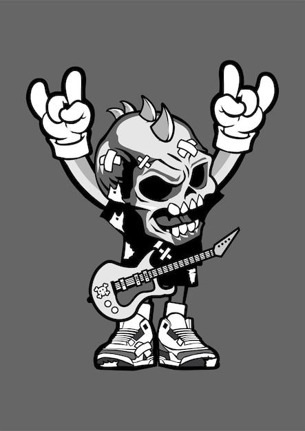 Rocking Skull Mascot with Electric Guitar and Raised Hands | Jiffy Designs