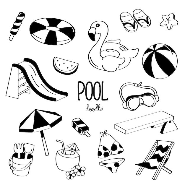 Monochrome Summer Pool Party Doodle Icon Collection | Jiffy Designs