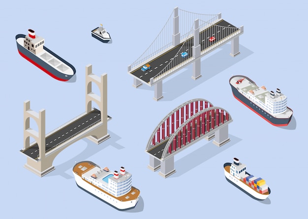 Diverse Collection of Stylized Passenger Cruise Ships and Bridges ...