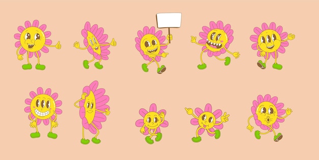Cheerful Pink Flower Characters with Varying Expressions and Poses ...