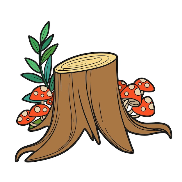 Whimsical Tree Stump with Mushrooms and Leafy Plant Illustration ...