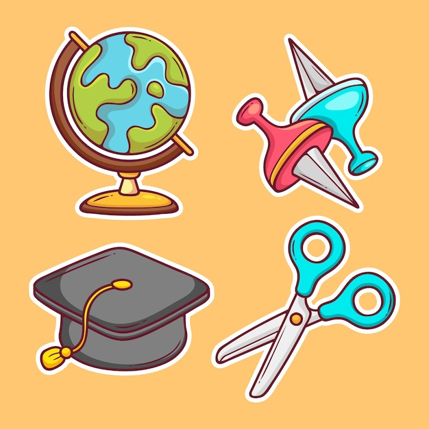 Vibrant Educational Icons: Globe, Graduation Cap, Scissors | Jiffy Designs