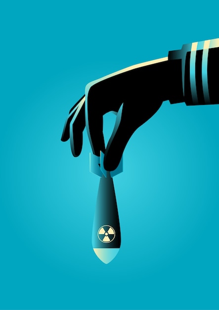 Abstract Black Hand Holding Radioactive Sphere Against Blue Background ...