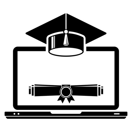 Distance Learning Icon. E Learning With Laptop, Graduation Cap And ...