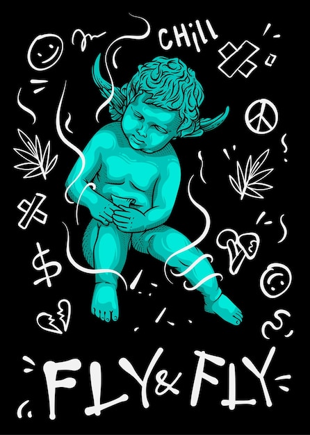 Vibrant Cherub Embracing Chill Vibes and Psychedelic Symbols | Jiffy ...