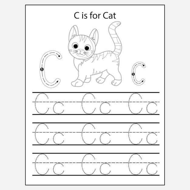 Adorable Cartoon Cat Practicing Alphabet Letter C | Jiffy Designs