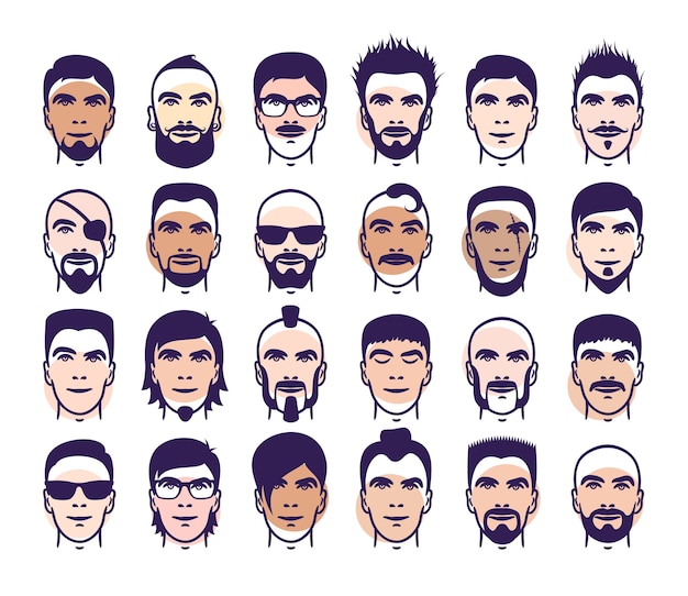 Diverse Collection of Stylized Male Portraits with Varied Facial ...