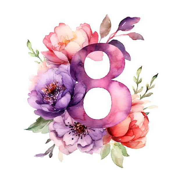 Vibrant Watercolor Floral Composition with Number Eight | Jiffy Designs