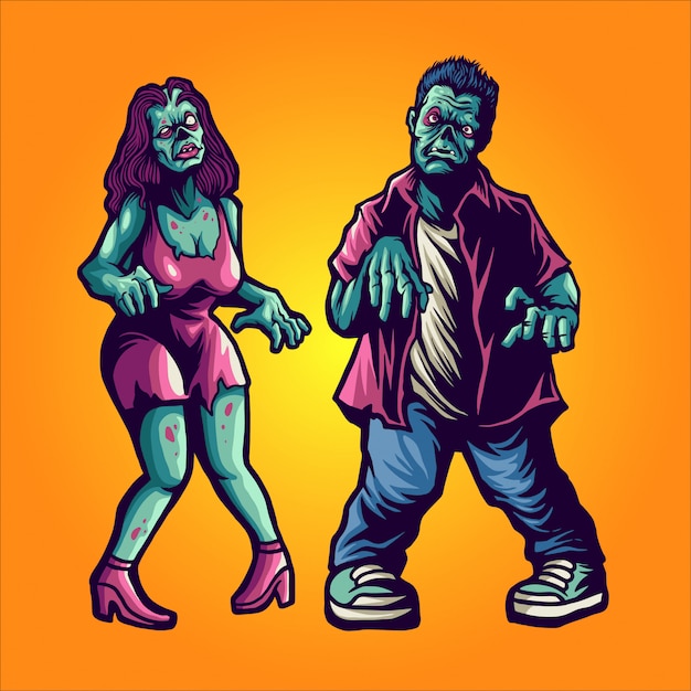 Vibrant Zombie Couple Striking Poses on Fiery Orange Background | Jiffy ...