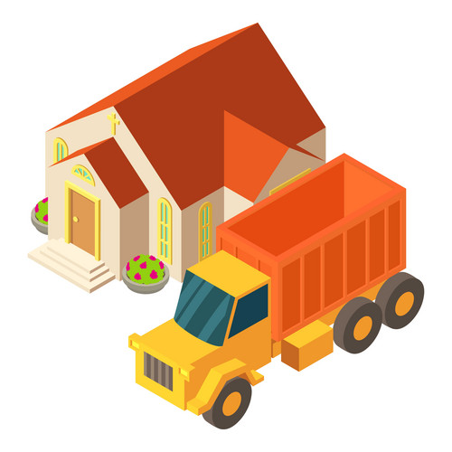Building Concept Icon Isometric Vector. Yellow Dump Truck Near Christian Church. Construction ...
