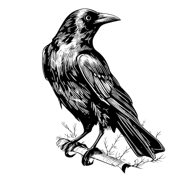 Striking Monochrome Raven Perched on Branch, Detailed Illustration ...