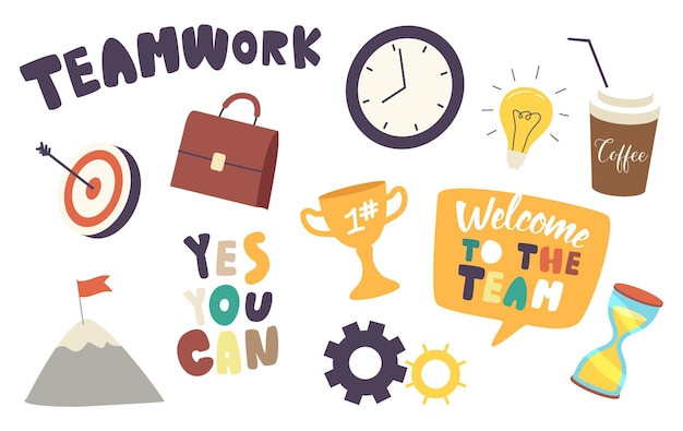 Vibrant Teamwork Collection: Diverse Icons and Motivational Phrases ...