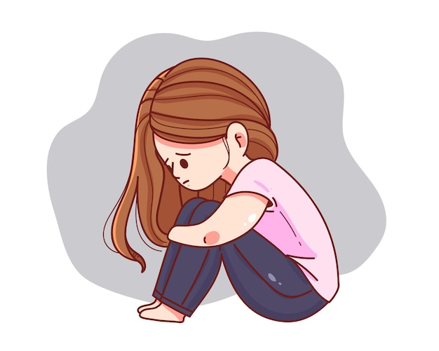 Young woman feeling sad tired and worried suffering depression cartoon ...