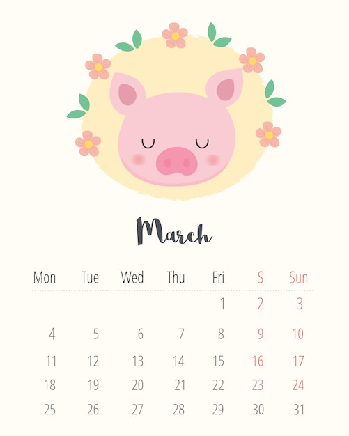 Cute Pig Face Calendar Design for March Month | Jiffy Designs