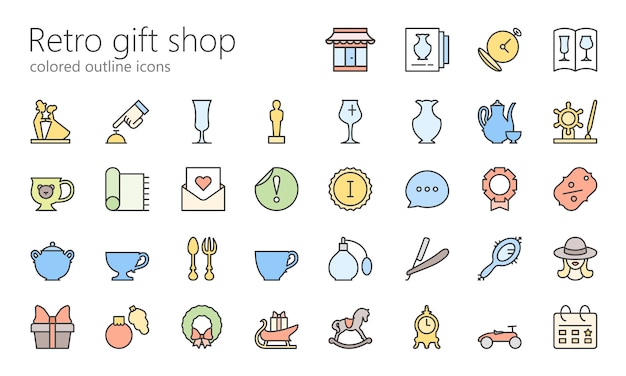 Charming Vintage-Inspired Gift Shop Icons in Vibrant Hues | Jiffy Designs