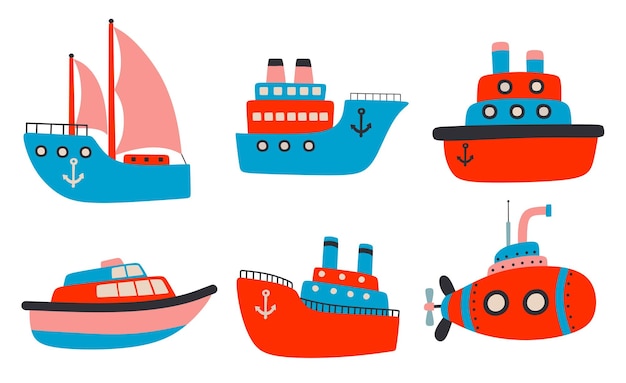 Vibrant Nautical Collection of Stylized Boat and Ship Illustrations ...